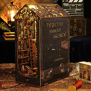DIY Book Nook Kit, FOTEEMO DIY Miniature Dollhouse Detective Book Nook Building with LED Light Creative Bookend Model Kit DIY 3D Insert Wooden Puzzles Bookshelf for Teens Adults