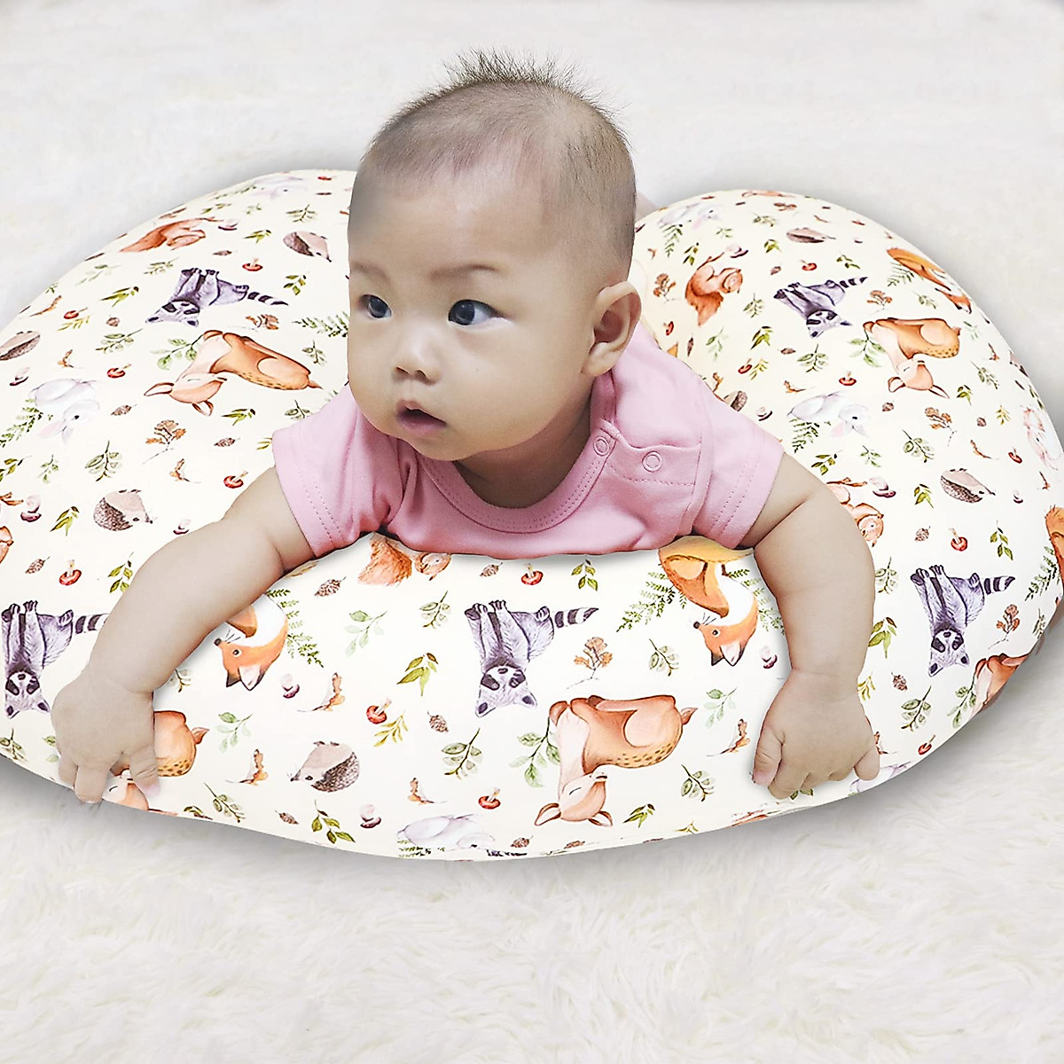 Jundetye Nursing Pillow Cover and Baby Lounger Cover for Girls Boys, Soft Comfortable Stretchy Removable Slipcover, Watercolor Animal