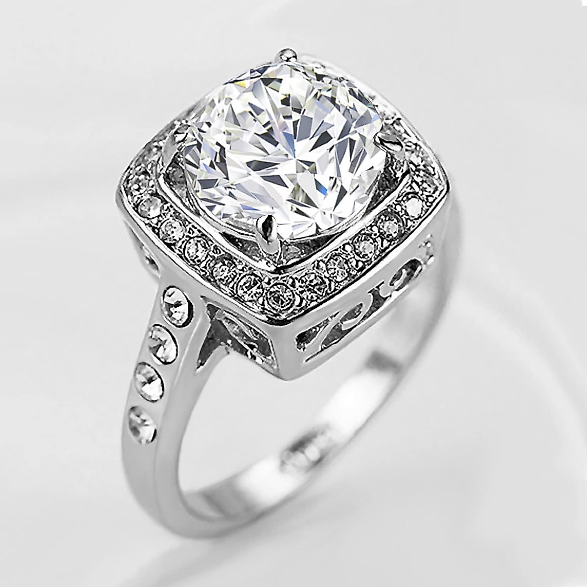 Acefeel Halo Cubic Zirconia Promise Engagement Wedding Ring For Women 18K White Gold Plated (01 Silver Clear, 8)