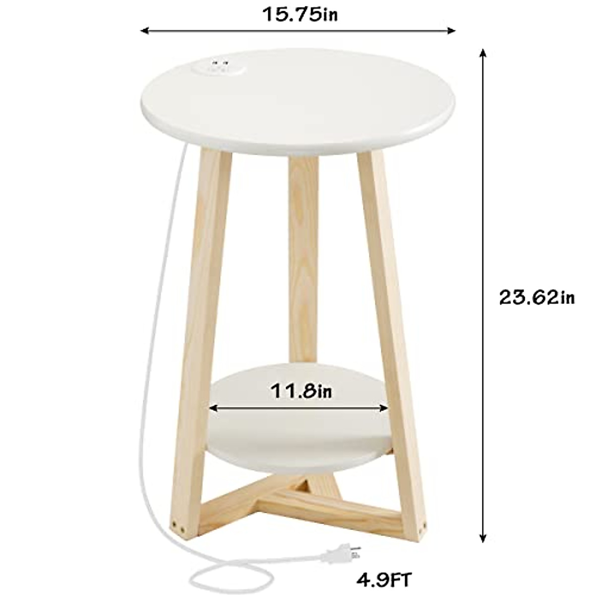 TINSAWOOD Side Table with Charging Station, Small Boho Round End Table with Two-Tier Storage for Living Room, Bedroom & Small Spaces, Easy Assembly