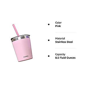 CUPKIN Stackable Stainless Steel Kids Cup Smoothie Tumbler - Powder Coated Insulated Tumblers, BPA Free Lid and Silicone Straw (8 Fl Oz (Pack of 1), Pink)