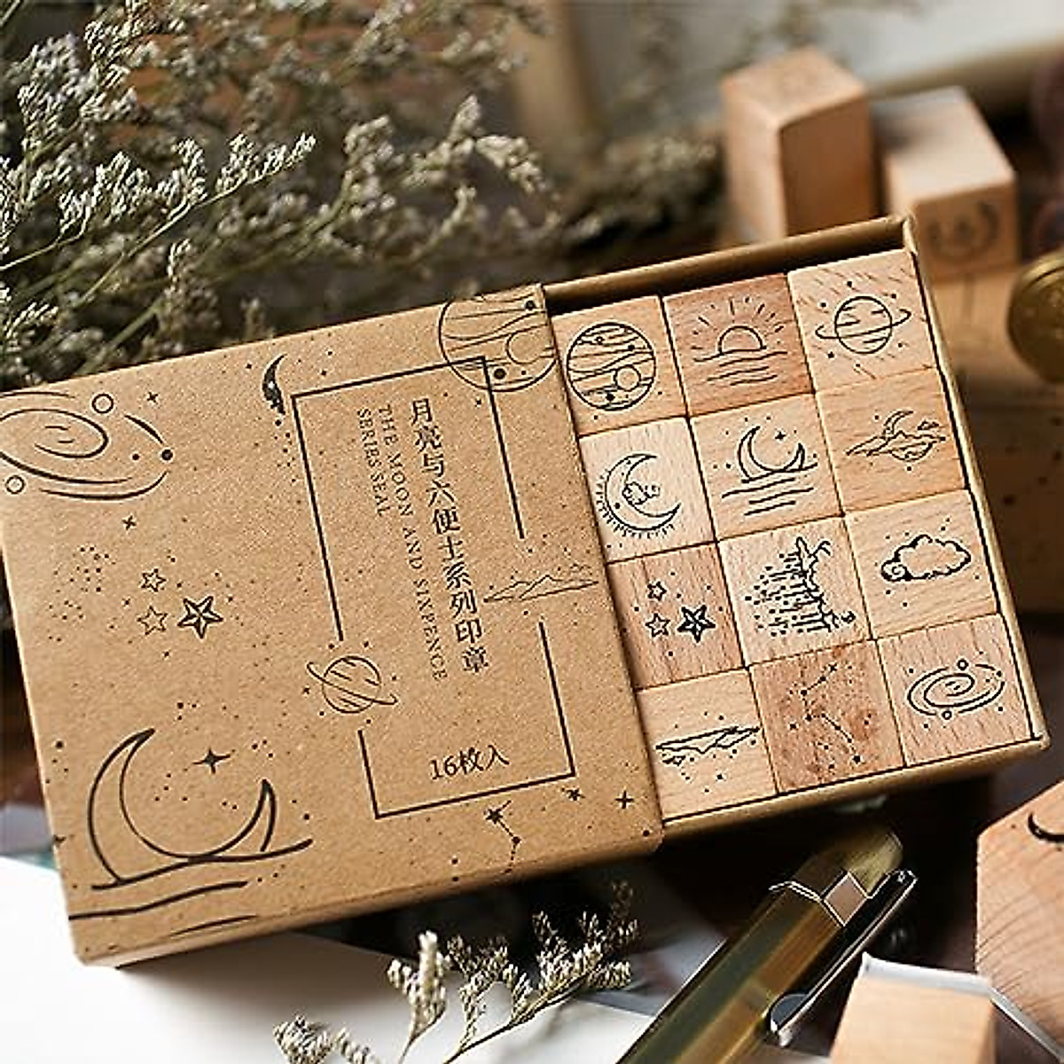 16Pcs Vintage Wooden Seal Set, Retro Rubber Stamps, Flower Moon Star Butterfly Mountain Rubber Stamps for Scrapbooking Ephemera Planner DIY Craft Card Making (Moon&Sixpence)