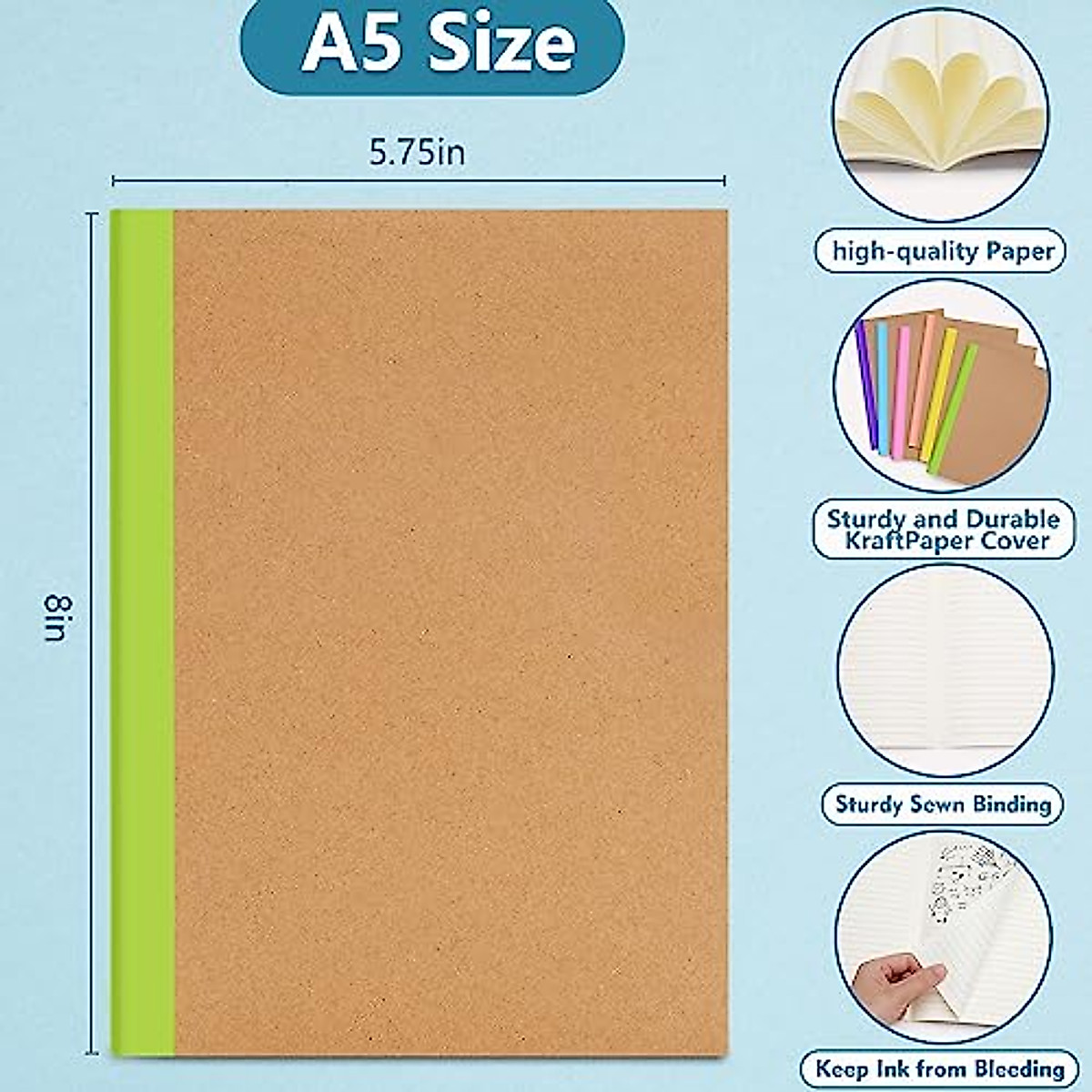 12 Pack Composition Notebooks Bulk, Travel Journal Notebooks Kraft Cover with Rainbow Spines, 120 Pages College Ruled Lined Paper for Kids Women, Notepad for School Office Supplies A5 (8in x 5.75in)