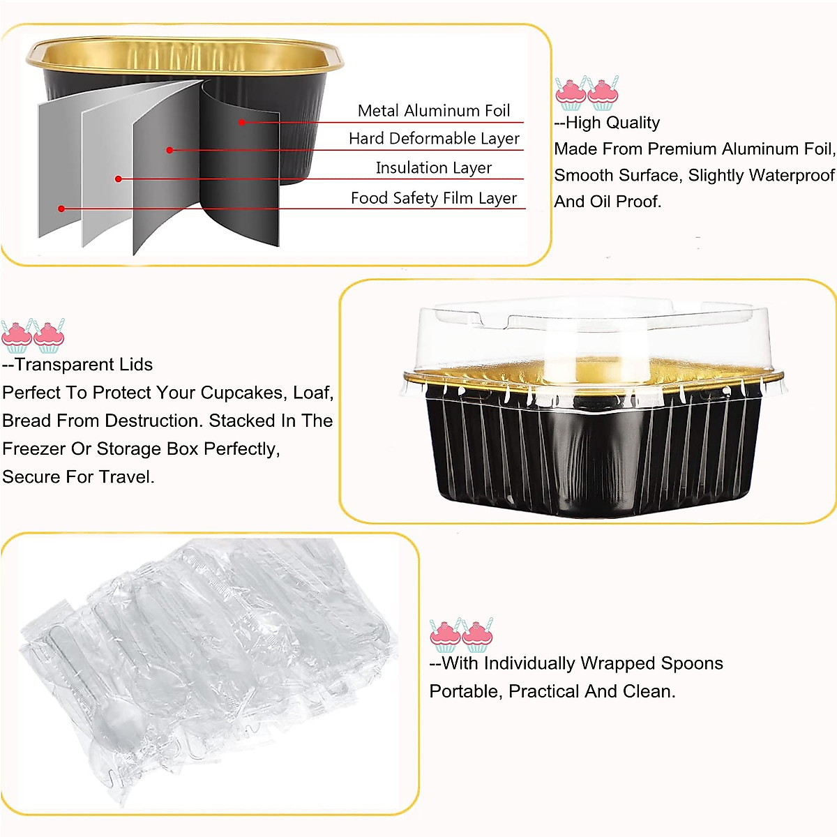 AXZTYYLA Square Baking Cups, 50pcs 5oz Aluminum Foil Mini Cake Pans with Lids, Disposable Creme Brulee Ramekins Muffin Tins Flan Cupcake Liners Dessert Cups Containers with 50 Spoons (Black, 50pcs)