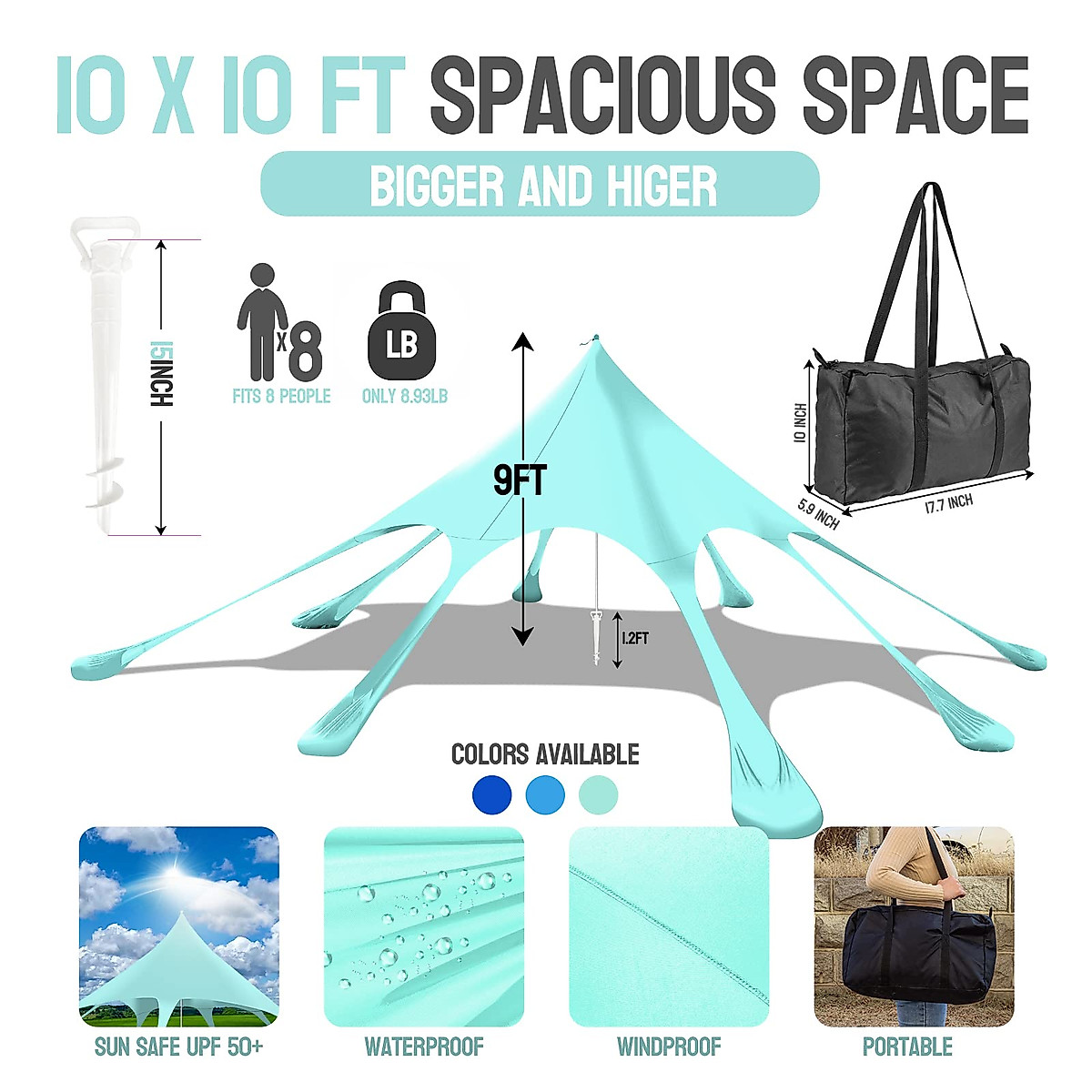 Watato Beach Tent Canopy Pop Up Shade Sun Shelter 10x10ft Portable Family Sunshade UPF50+ with 8 Sandbags-2 Sand Shovel-Easy Foldable Pole-Pole Anchor-Ground Pegs-Carrying Bag for Outdoor Camping