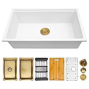 YAQUN Undermount Kitchen Sink, Deep Workstation Stone Kitchen Sink, Single Bowl Kitchen Sinks (White, 30" x 18")