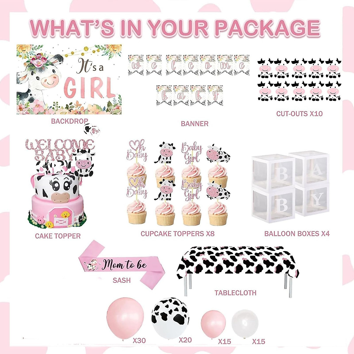 Cow Baby Shower Decorations for Girl, Fiesec Pink Farm Cow Themed Baby Shower Decorations Backdrop Balloon Garland Welcome Baby Banner Tablecloth Cake Topper Box Cutout Mom To Be Sash