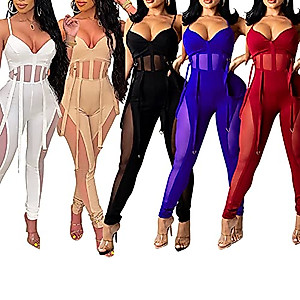 Uni Clau Women Sexy Spaghetti Strap Bodycon Tank One Piece Jumpsuit Mesh Patchwork See Through Long Pants Party Club Romper Black M