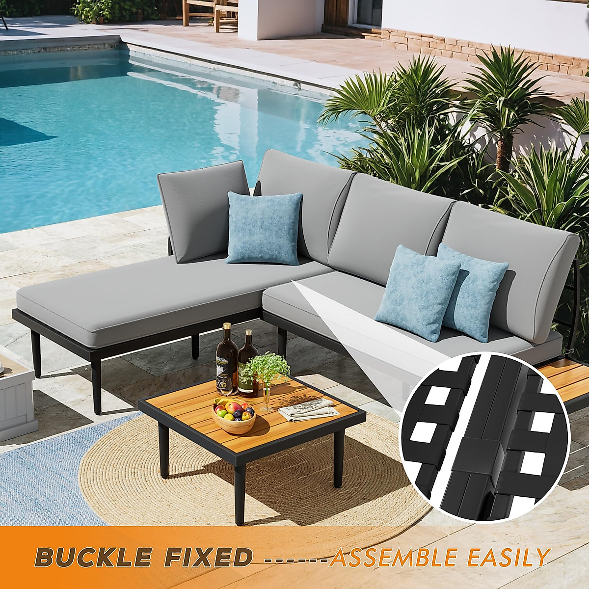Devoko Outdoor Sectional Furniture Patio Sectional Sofa with Acacia Wood Table, Patio L-Shaped Conversation Set with All-Weather Cushion for Patio,Garden,Backyard(Gray)