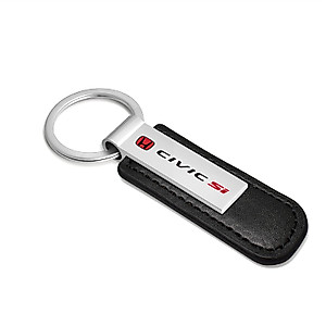 iPick Image for Honda Red Logo Civic Si Silver Metal Plate Black PU Leather Strap Key Chain Keychain, Official Licensed