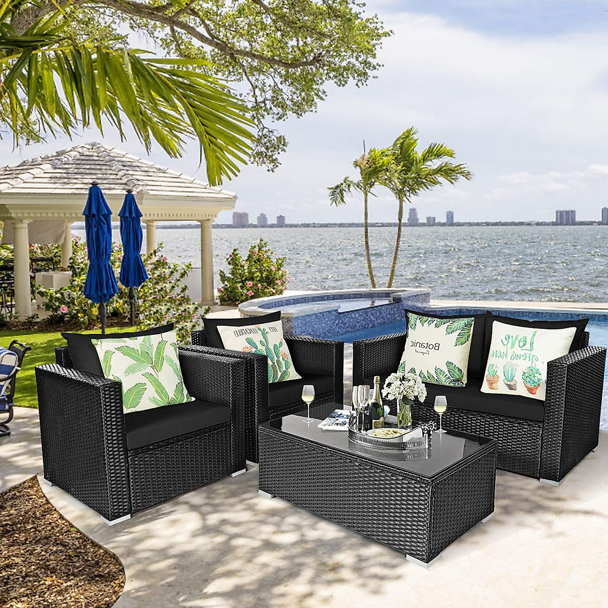 DORTALA 4PCS Patio Rattan Furniture Set, Sofa Set w/Conversation Set w/Seat & Back Cushions, Outdoor Sectional Chair Set for Poolside, Black