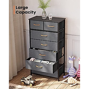 Pellebant Dresser for Bedroom with 7 Drawers, Tall Dresser Vertical Storage Tower, Sturdy Metal Frame, Fabric Storage Bins with Wooden Handle and Wooden Top, Organizer Unit for Closet/Hallway, Grey