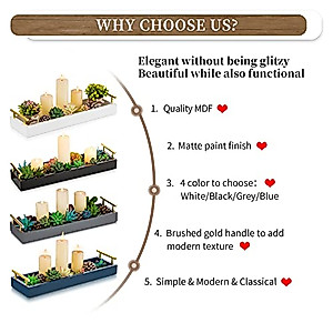 Hanobe Rectangle Long Narrow Tray: Decorative Trays Rectangular Candle Holder Trays for Home Decor White Centerpiece Tray Decor Serving Tray with Gold Handles for Dining Table Coffee Bar Living Room