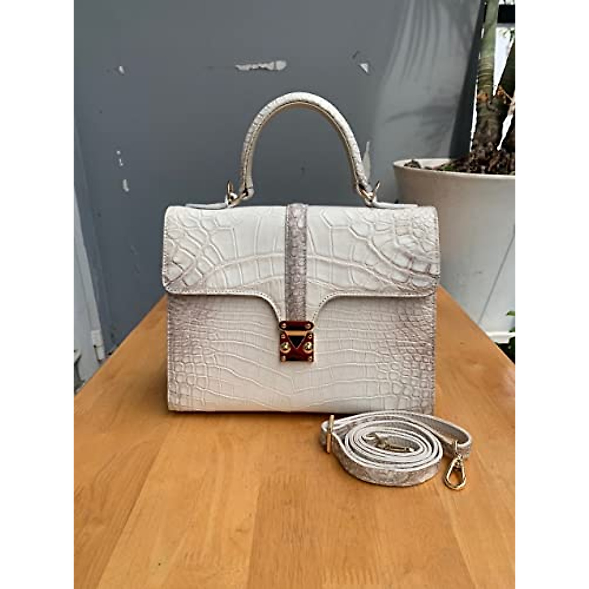 Vietnamese Genune Himalayan crocodile alligator leather skin totes bag, handbag, top handle bag for women, luxury formal event ladies purse, White Accent Gray