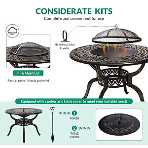 VIVIJASON 40.3" Patio Round Fire Pit Dining Table Charcoal/Wood Burning Outdoor Cast Aluminum Furniture Table with Fire Bowl, Cooking BBQ Grill, Wood Grate, Spark Screen and Poker for Backyard Lawn