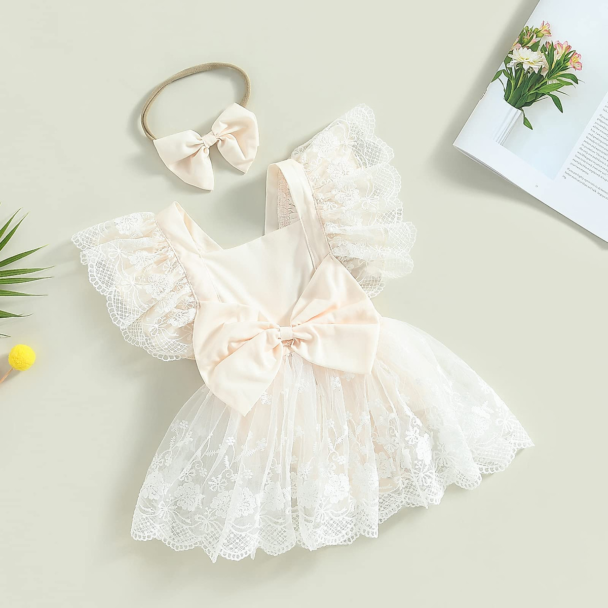 Kayotuas Newborn Infant Baby Girls Butterfly Sleeve Romper Clothes Ruffle Lace Bodysuit Tutu Dress Jumpsuit Princess Outfit (Apricot Bow Lace Romper,12-18 Months)