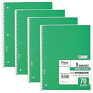 Mead Spiral Notebooks, 1 Subject, Wide Ruled Paper, 70 Sheets, 10-1/2 x 7-1/2 inches, Green, 4 Pack (38300)