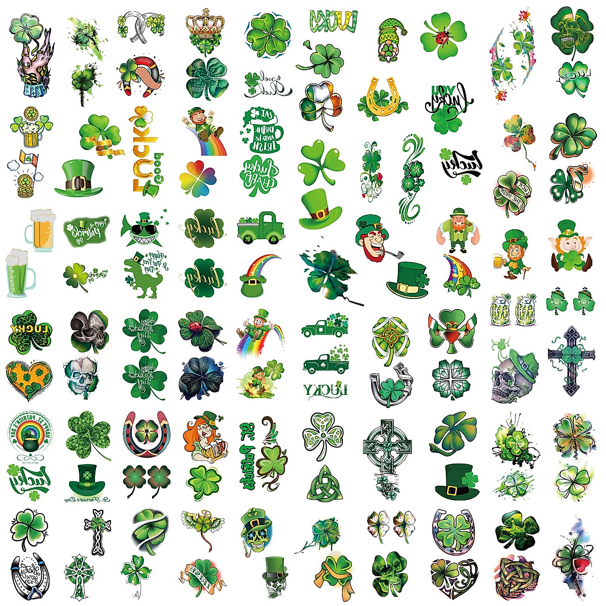 Yazhiji 77sheets St Patricks Day Temporary Tattoo for Girls or Boys 17sheets Larger Half Arm Shamrock Patterned Waterproof Tattoos Stickers for Men or Women And 60 sheets Face Clover Kids Tattoos