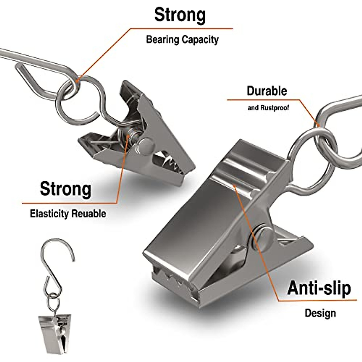 50PCS Curtain Clips with S Hooks for Hanging Party String Lights Outdoor Wire Holders Clamp Hangers Gutter Hooks, Stainless Steel Silver