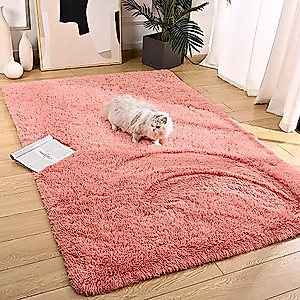Vocrite Pink Area Rug for Girls Bedroom, Fluffy Shag Rugs for Living Room, Shaggy Furry Fuzzy Faux Fur Rug for Nursery Kids Room, Cute Pink Home Decor for Dorm Playroom 4x6 Ft, Coral Pink