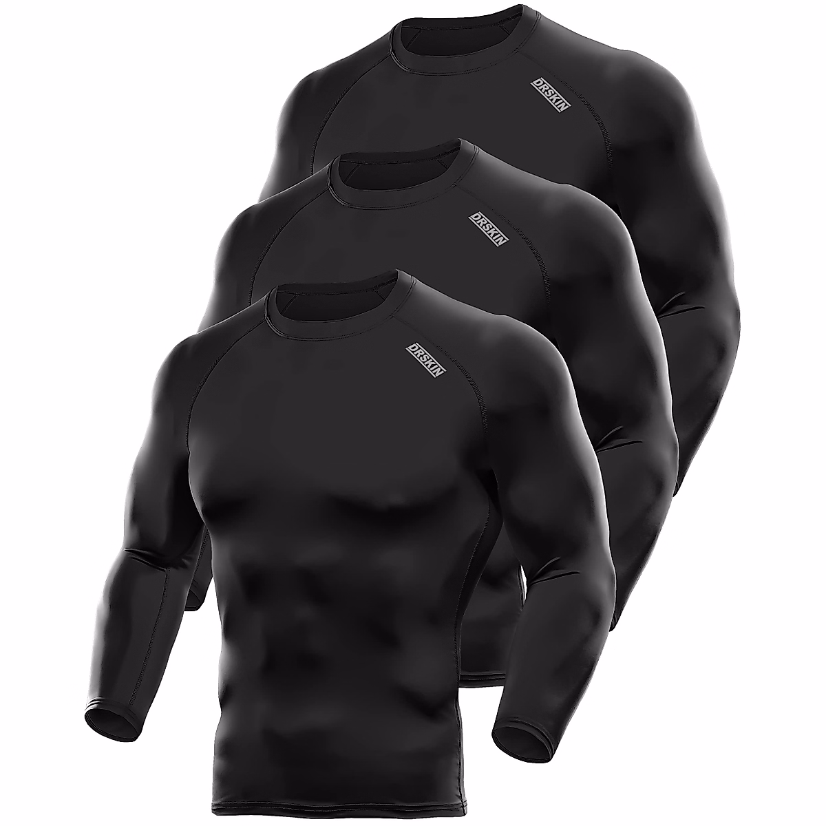 DRSKIN 3 Pack Men's Compression Shirts Top Long Sleeve Sports Baselayer Workout Running Athletic Gym (Round SBB01 3P, L)