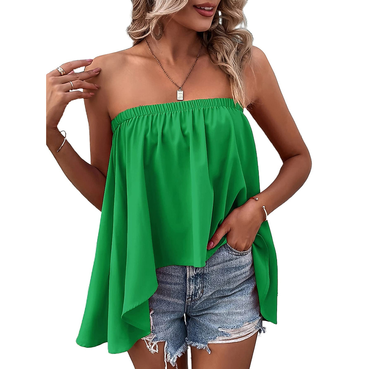 SOFIA'S CHOICE Women's Ruffle Hem Strapless Tube Top Casual Sleeveless High Low Flowy Blouse Shirts Green Medium