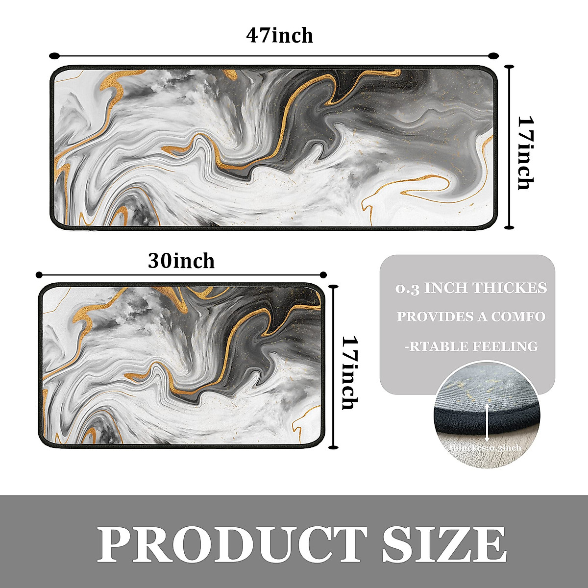White Marble Kitchen Rugs and Mats Non Skid Washable Absorbent Stain Resistant,Durable and Easy to Clean,Kitchen Rug Set of 2 Marble Kitchen Deco 17"x47"+17"x30"