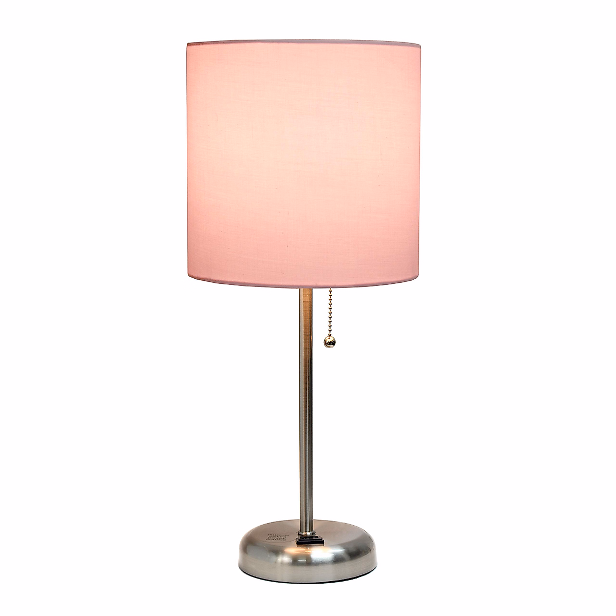Simple Designs LT2024-LPK Brushed Steel Stick Table Desk Lamp with Charging Outlet and Drum Fabric Shade, Light Pink