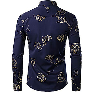 ZEROYAA Men's 3D Golden Rose Printed Slim Fit Long Sleeve Button Down Floral Dress Shirts ZZCL30 Navy Blue Small