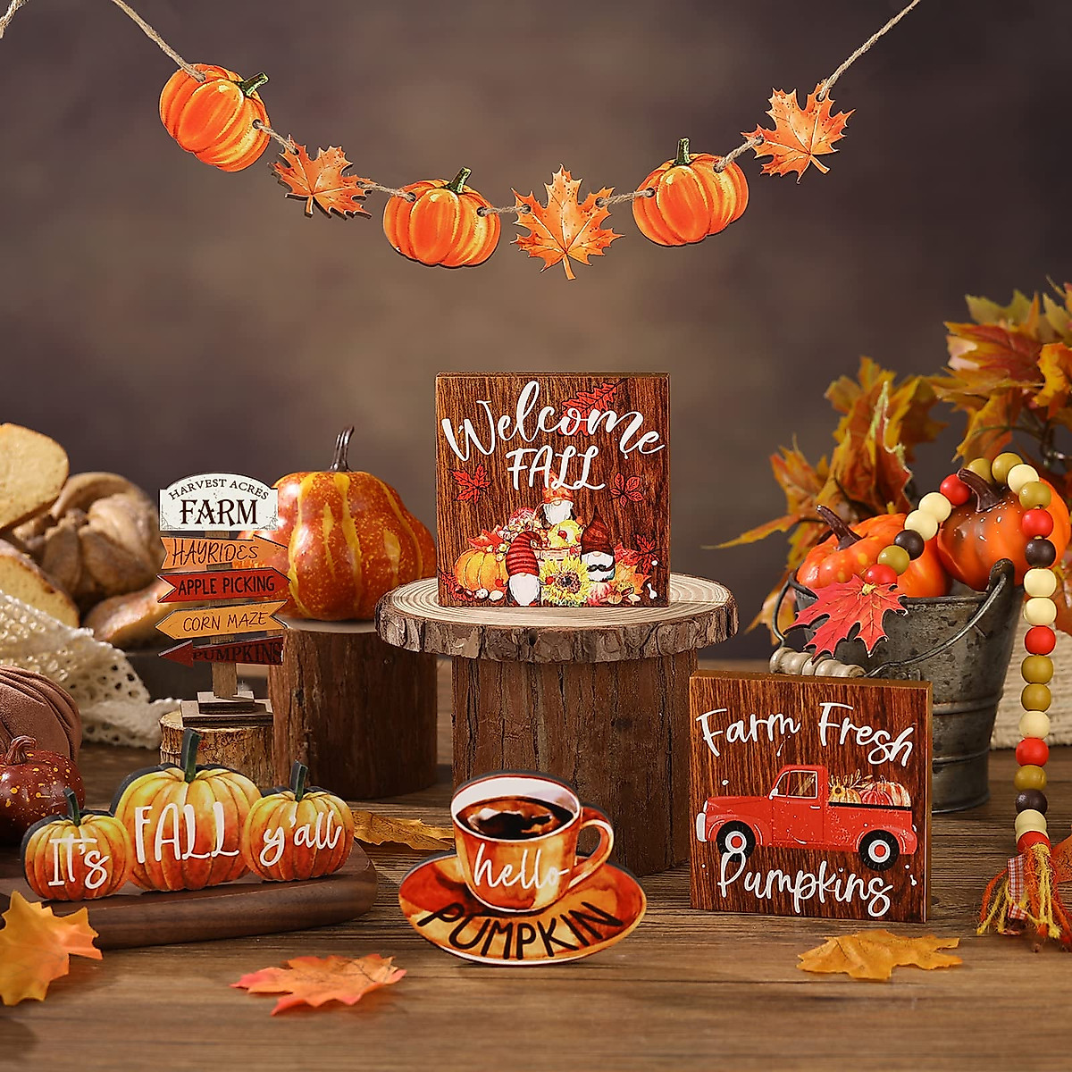 Ferraycle 12 Pcs Fall Tiered Tray Decor Hello Fall Decor Autumn Wood Signs Thanksgiving Pumpkin Maple Leaves Wooden Sign Orange Fall Tabletop Signs for Home Rustic Harvest Table Centerpiece