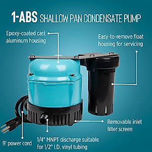Little Giant 1-ABS 115-volt, 1/150 HP, 205 GPH Automatic Shallow Pan Condensate Removal Pump for Ceiling Mounted Air Conditioners or Dehumidifiers, Black/Blue, 550521