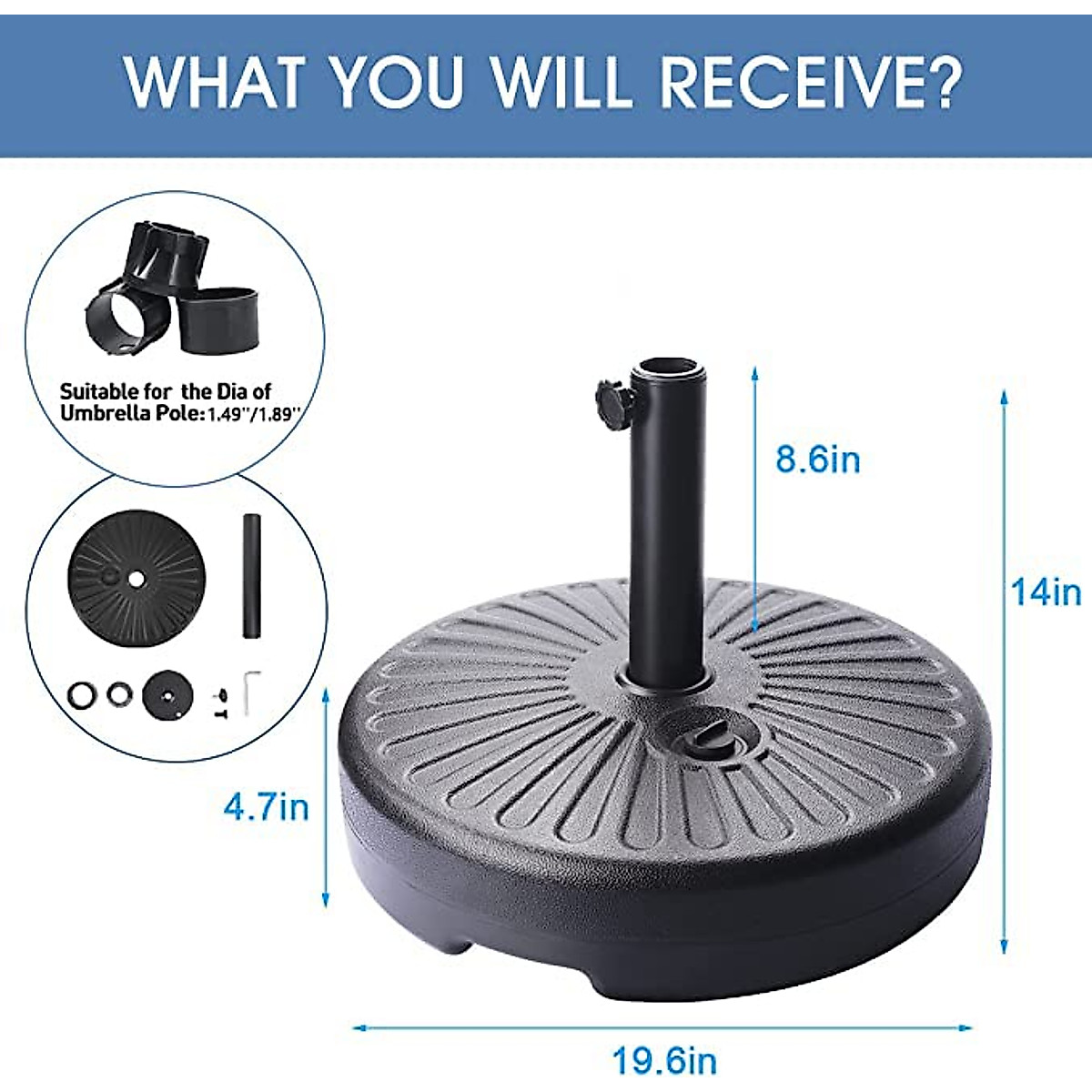 FRUITEAM Water Filled 50LB Patio Umbrella Base, Heavy Duty Plastic Outside Patio Umbrella Stand Pole Holder, 1.49-inch Steel Pole Weighted Market Umbrella Base for 6-9Ft Straight-Pole Garden Umbrella