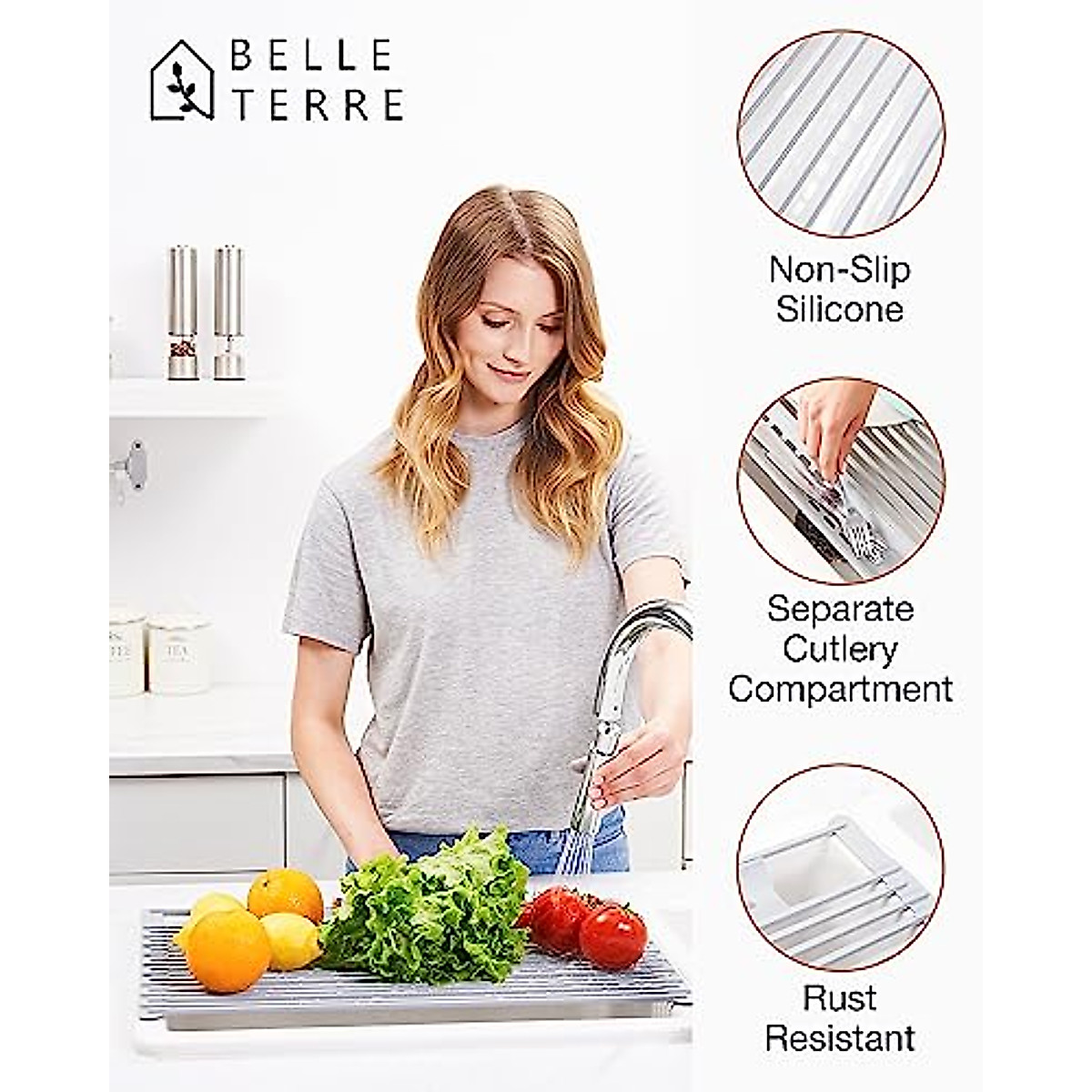 BELLE TERRE Roll-Up Dish Drying Rack & Swedish Dish Cloth Set - Space-Saving Sink Rack (20.5" x 15.5") with Utensil Tray & Reusable Absorbent Cloths - Solid Steel Construction & Cellulose Material