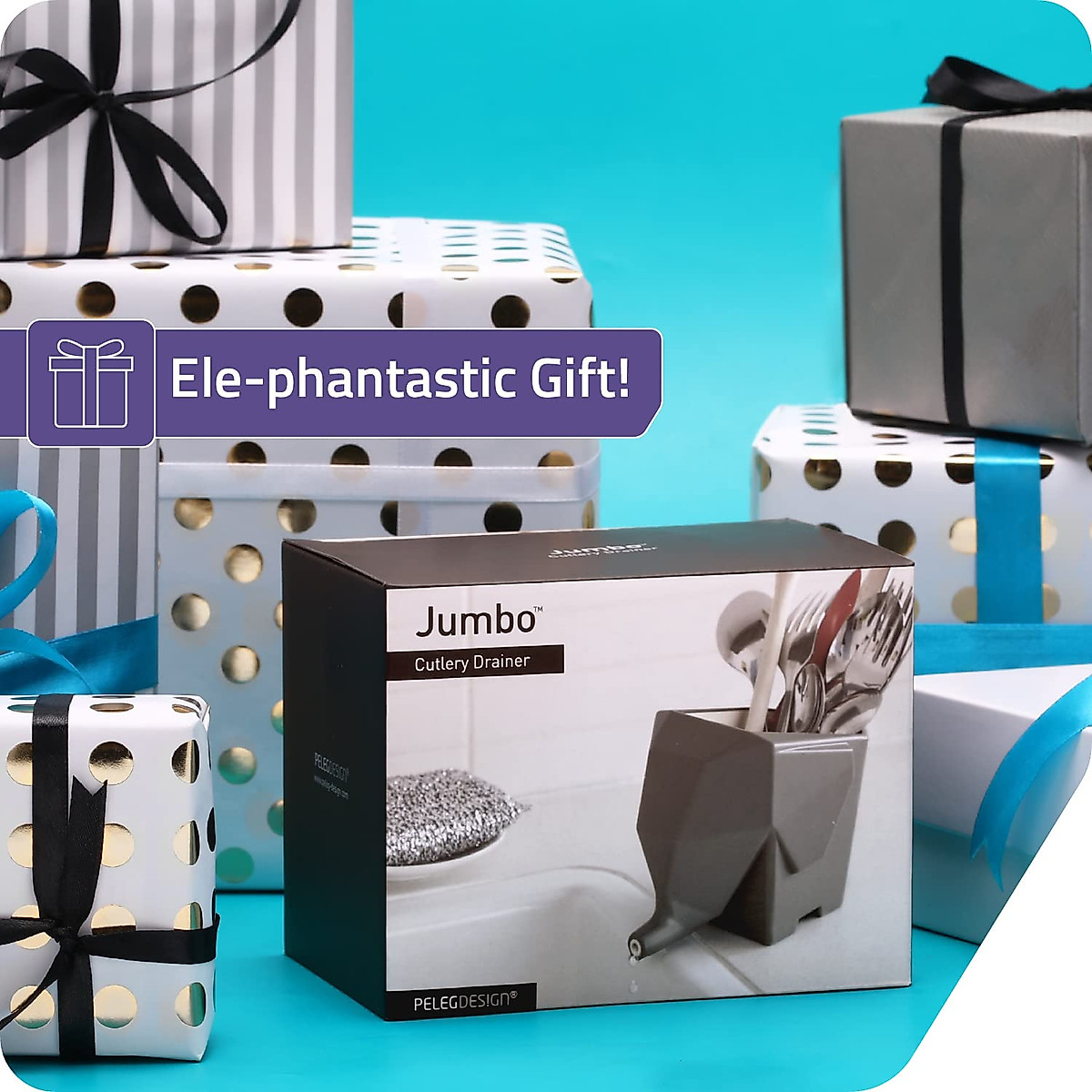 PELEG DESIGN Cutlery Holder Jumbo Cute Drainer and Funny Plastic Elephant Sink Cutlery Organizer Drainer Storage Box and Toothbrush Holder (Grey)