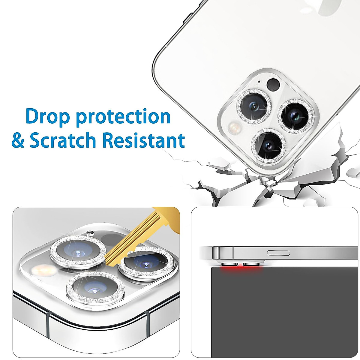 Dengduoduo 【3 Pack】 Tempered Glass Camera Lens Protector for iPhone 14 Pro 6.1" & iPhone 14 Pro Max 6.7", Glitter Bling Diamond, Ultra HD, 9H Hardness, Anti-Scratch, Case Friendly, Easy to Install