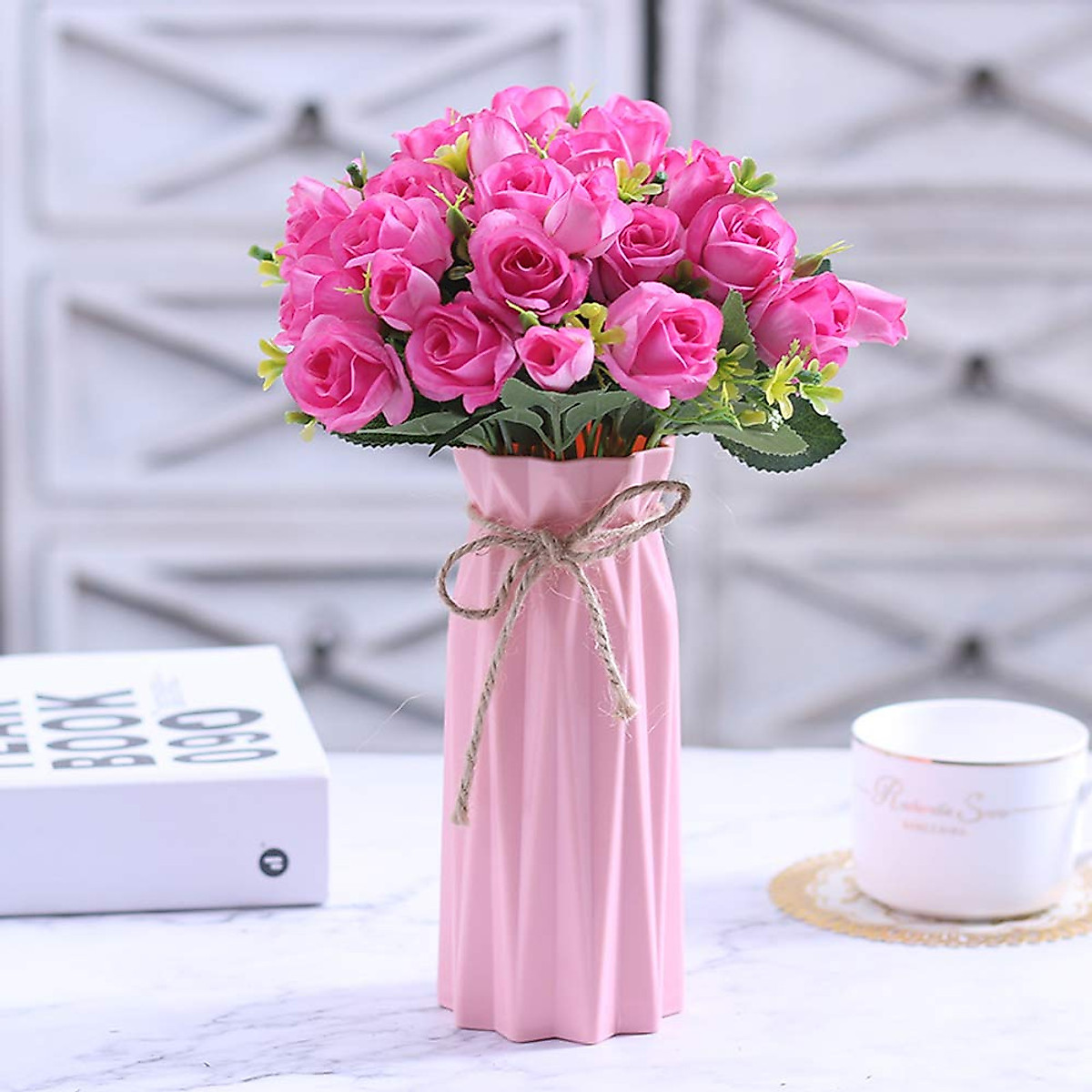 Nadalan Artificial Flower Arrangements Bulk with Vase Fake Rose Red Silk Plastic Flowers for Home Decor Desk Garden Party Wedding Decoration (Rose red)