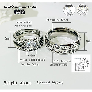 LOVERSRING Couple Ring Bridal Set His Hers White Gold Plated CZ Stainless Steel Wedding Ring Band Set