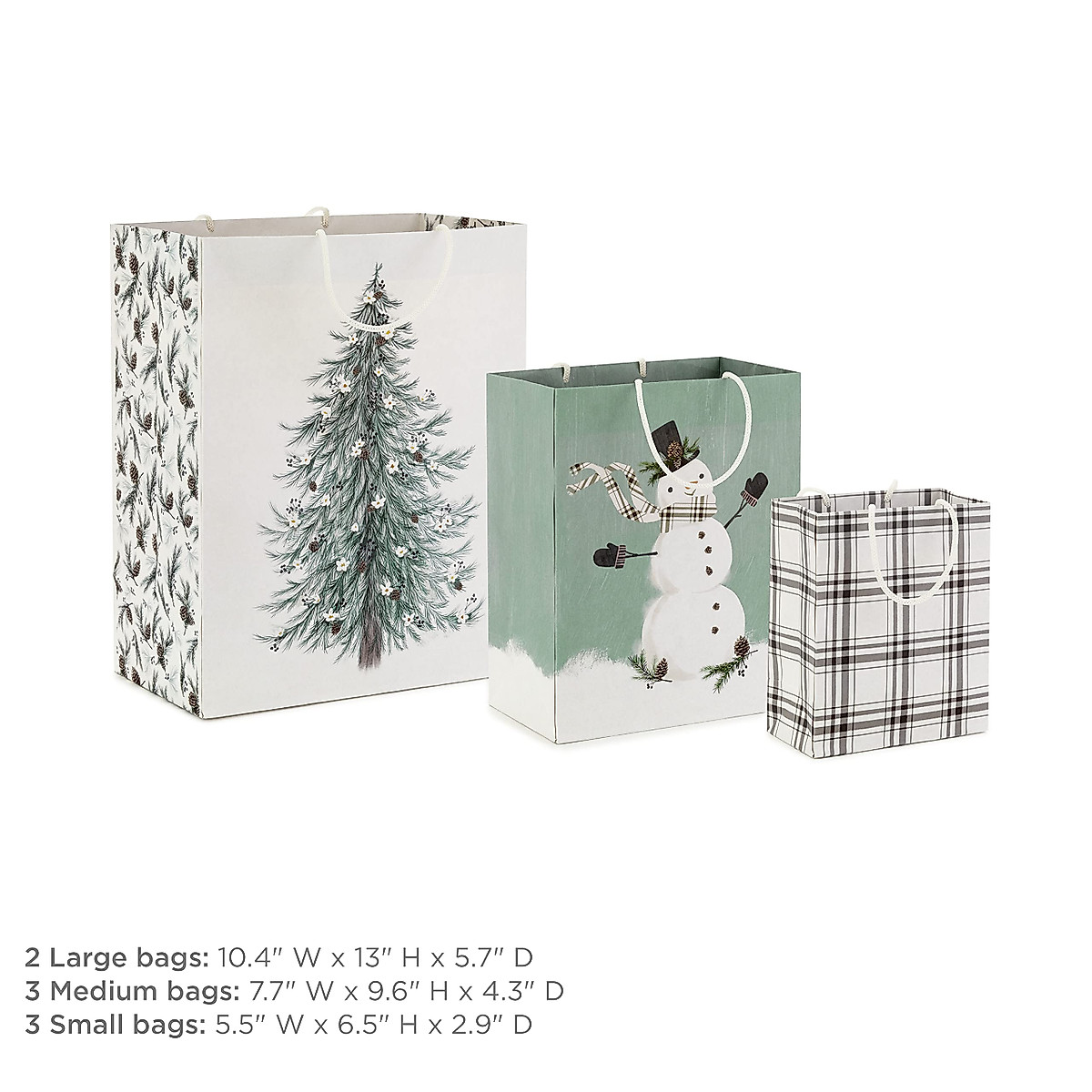 Hallmark Christmas Gift Bag Assortment (8 Bags: 3 Small 6", 3 Medium 9", 2 Large 13") White and Sage Green with Rustic Snowman, Plaid, Evergreen Tree for Christmas, Winter Weddings, Birthdays