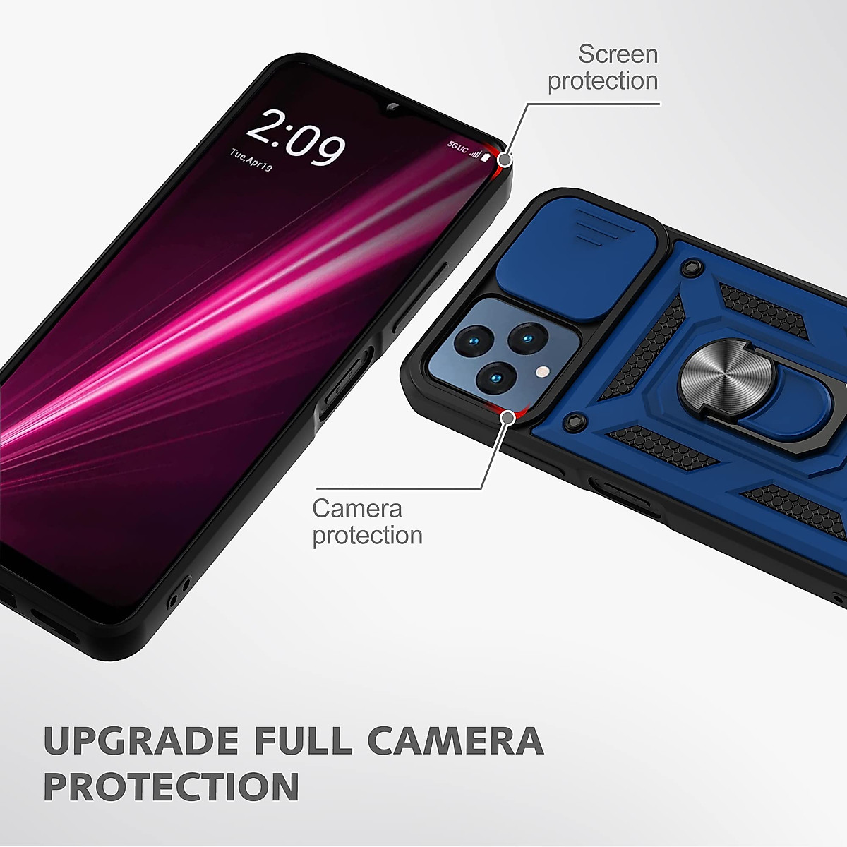 AKINIK for T-Mobile REVVL 6 5G Case, Revvl 6X 5G Case with Slide Camera Cover and 2pcs HD Screen Protector, 360° Rotation Ring Kickstand [Military Grade] Protective Case (Blue)