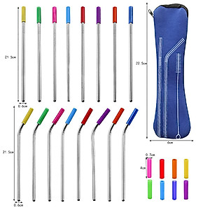 Hoshen 7 Piece 8.5 Inch Reusable Stainless Steel Straw Set With Anti-Scratch Mouth Silicone Tip, Bone Pack Set (3 Straight/3 Curved/1 Brush/6 Silicone Mouth) - Red