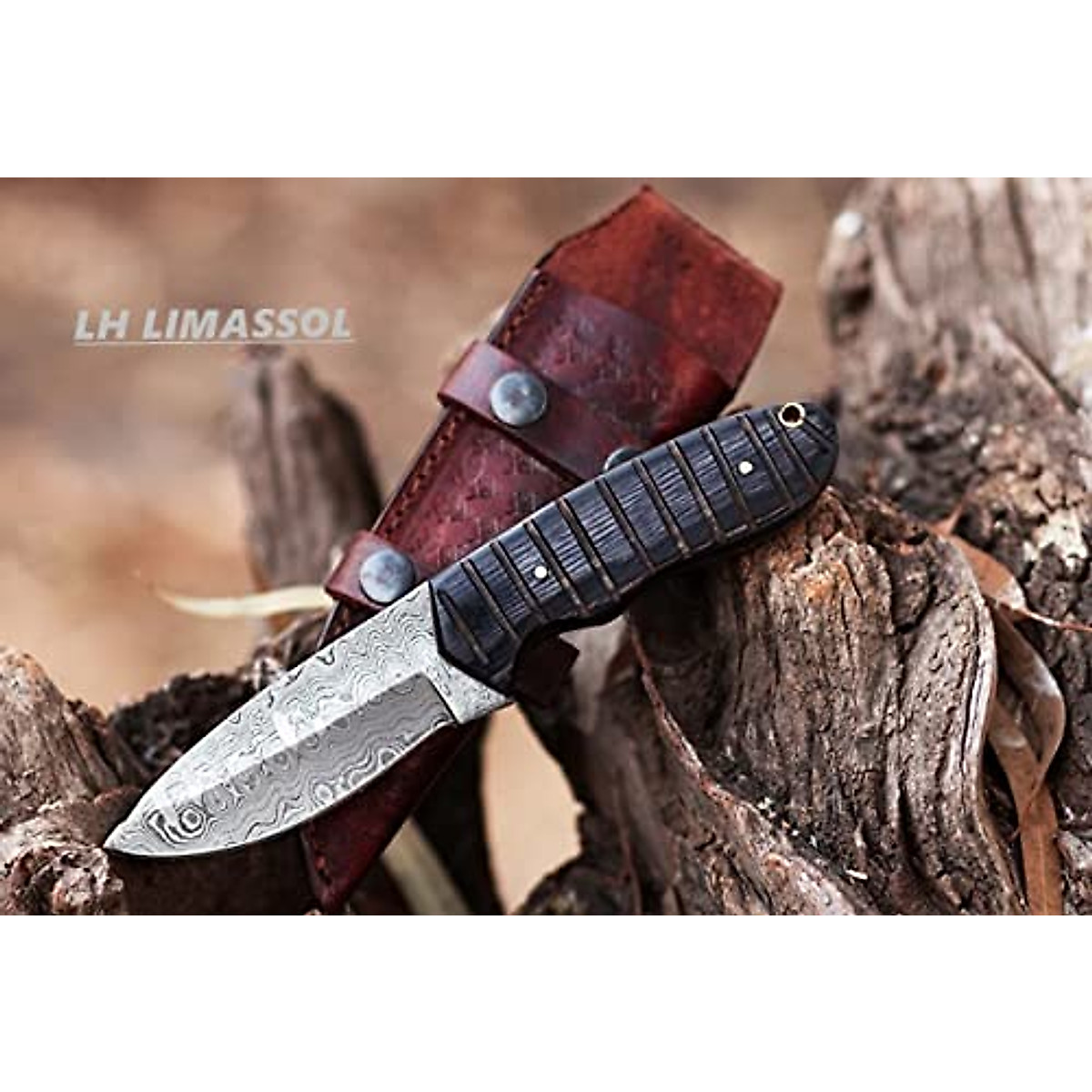 LH LIMASSOL 8 INCH Fixed Blade black Dollar Wood Custom Handmade Damascus Hunting knife/skinner knife/skinning knife with leather sheath