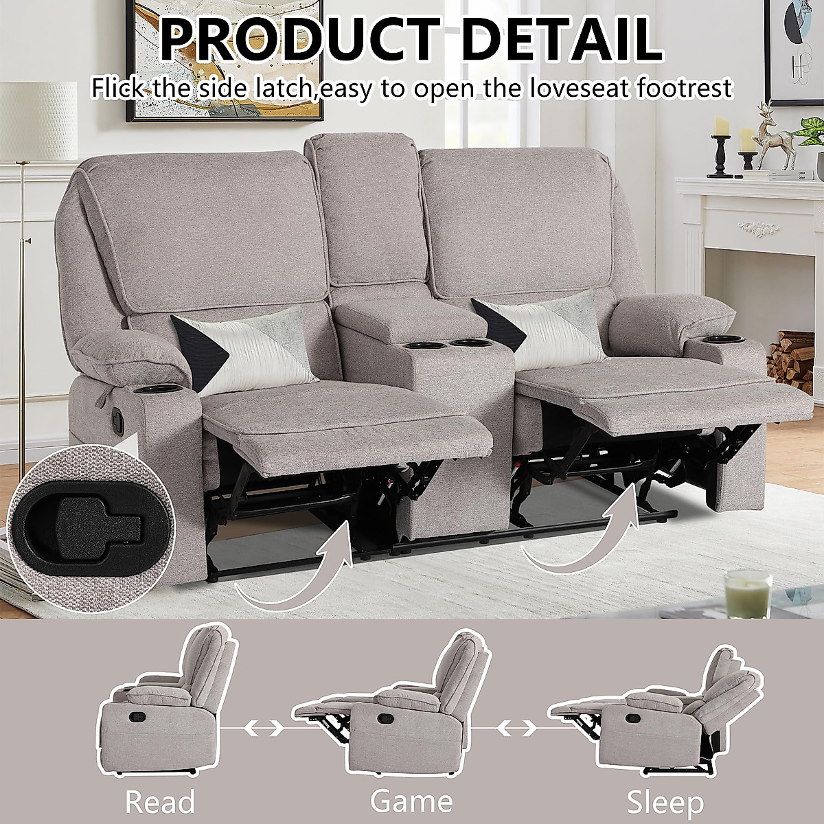 YOCONYO Loveseat Recliner, RV Reclining Loveseat, Home Theater Seating, Manual Loveseat with Console, 4 Cup Holders, 2-Seater Recliner Sofa, RV Furniture for Travel Trailers, Livingroom (Light Grey)