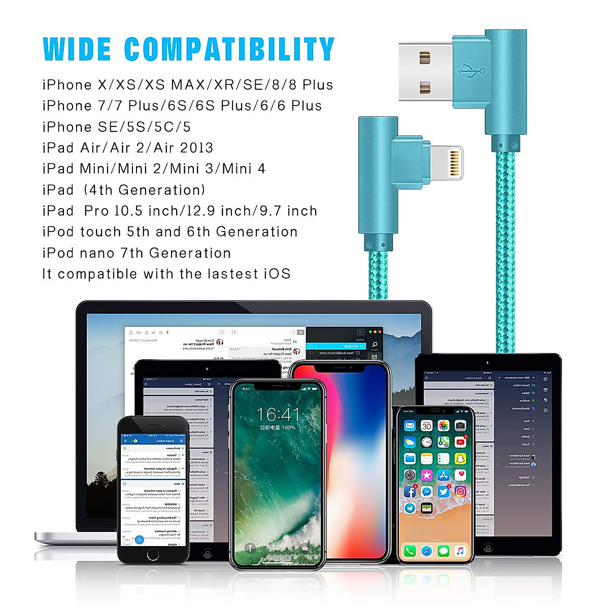 Jeercor Lightning Cable 10FT MFi Certified iPhone Charger 90 Degree Nylon Braided Fast Charging Long for iPhone 12/12pro/11/11pro/XS/MAX/XR/X/8P/8/7P/7/6（3-Pack）