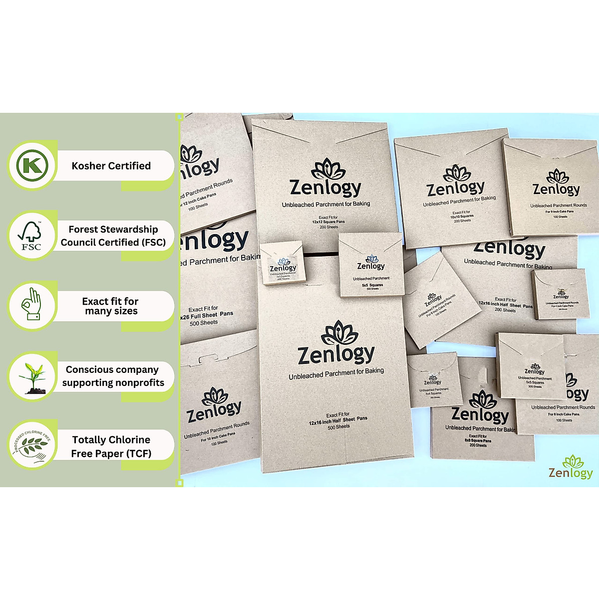 Zenlogy 8x8 Parchment Squares (200 sheets) - Unbleached, Non-stick, Pre-cut Parchment Paper - Fits 8x8 Brownie Square Pans and Toaster Oven Trays, and Air Fryer - Great for Wraps, Baking, Roasting