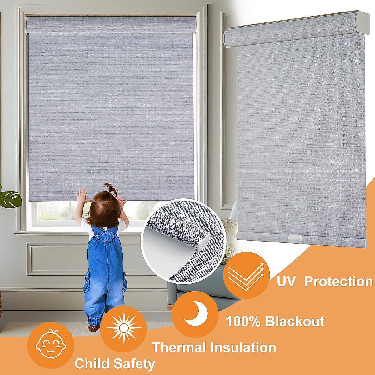 Persilux Custom Blackout Roller Blinds with Texture Fabric - UV Protection, Thermal Insulated, Cordless, For Home and Office Windows, Bluish Grey