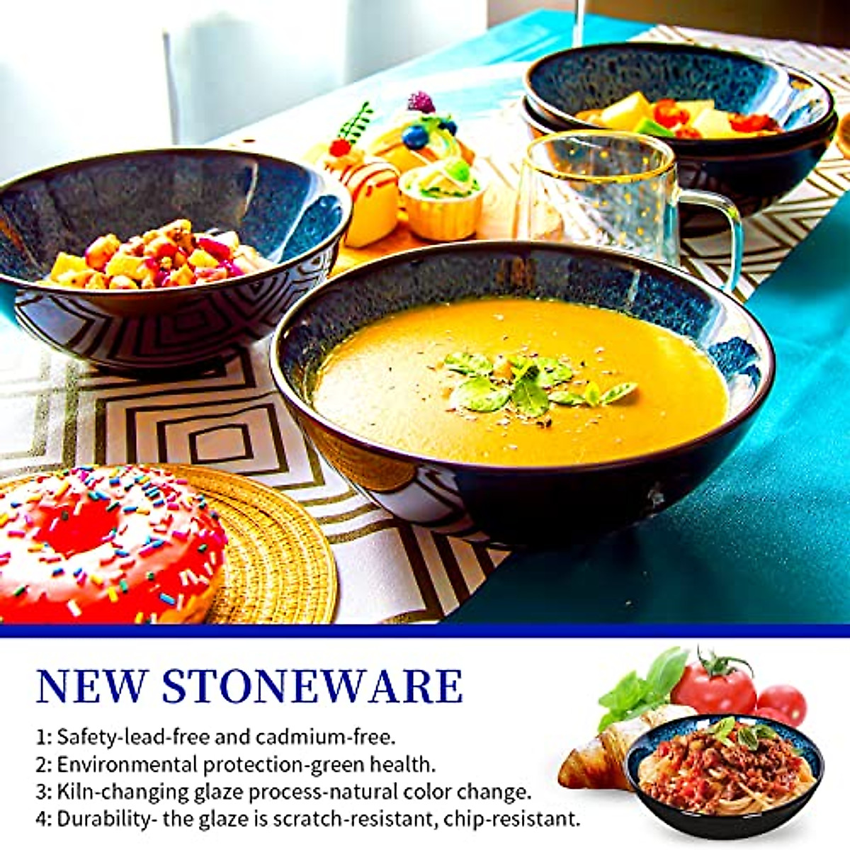 TochilyMoM Large Stackable Snowflake Blue Glaze Pasta Bowls,Wide and Deep Thickened Serving Bowls for Salads, Curry, Ramen, Pho. Microwave and Dishwasher Safe,30 oz 8" Ceramic ramen Bowls