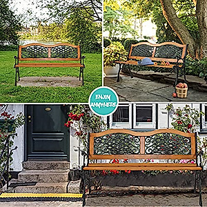 JOYBASE 50" Outdoor Bench, Park Bench, Wood and Iron Garden Bench, Patio Bench, Porch Bench, Outside Bench, Yard Bench (Black&Natural)