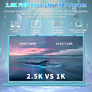 16inch Green Laptop 16G RAM 1TB SSD Ultra-Narrow bezels 2.5K FHD(2560x1600) IPS Screen/N5095 CPU,Win 11 Pro PC with Full Size Numeric Color Backlit KB/Fingerprint(16G+1TB)