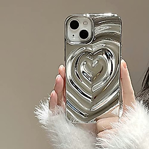 iPhone 14 Pro Max Love Heart Case, Fashion Cute Soft Silicone Electroplate Silver 3D Heart Water Ripple Bling Glitter Shockproof Women Girls Case Cover for iPhone 14 Pro Max
