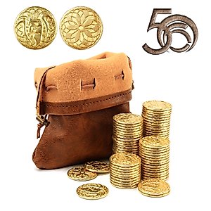 50 PCS Gold Coins & PU Leather Bag, DND Metal Coins, Fantasy Coins Treasure for Board Games, Fake Coins As Game Tokens for Dungeons & Dragons, Tabletop TTRPG Games Medieval Retro Accessories Addons